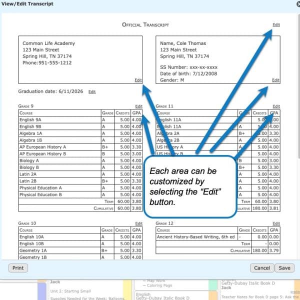 Creating Transcripts for your Student in Homeschool Planet